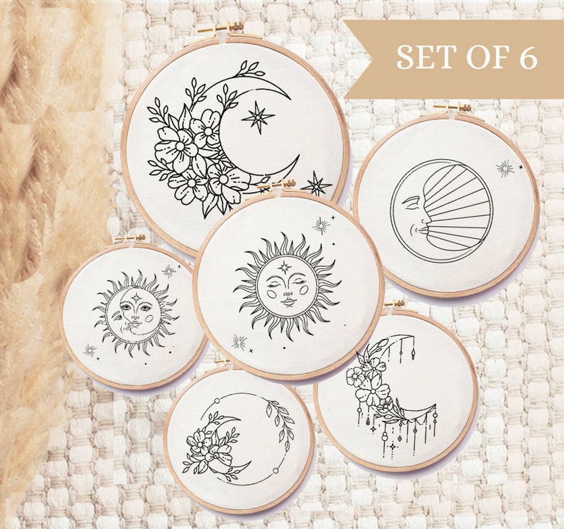 Set of 6 Digital PDF Patterns Crescent Moon With Flower Hand - Etsy