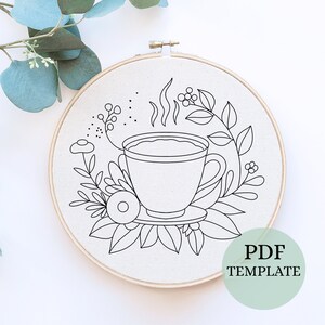 Teacup Hand Embroidery Pattern, Tea Cup Embroidery Pattern, Floral ...