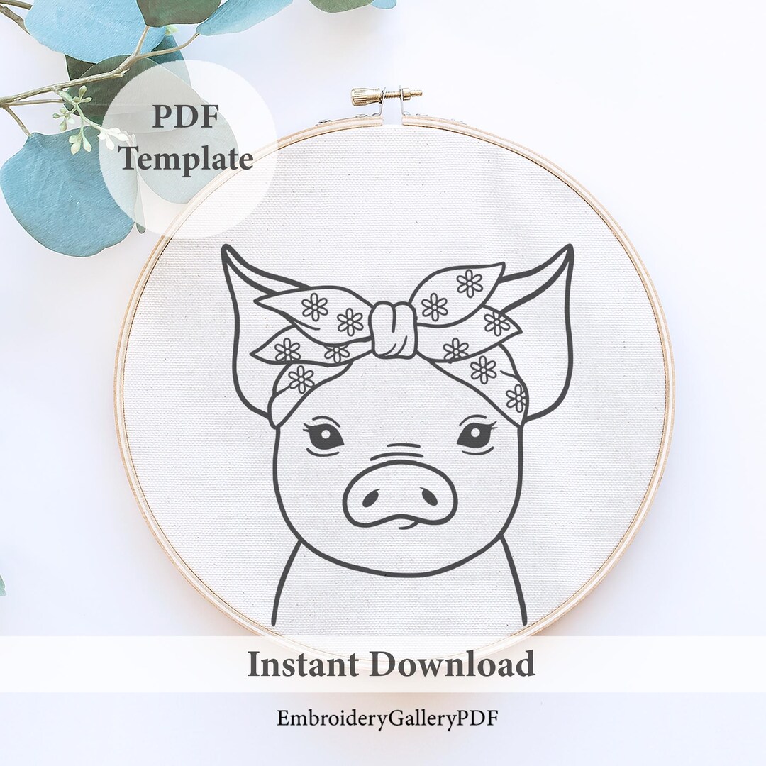 Floral Pig Embroidery Pattern, Cute Pig Embroidery, Cute Piggy Pattern ...