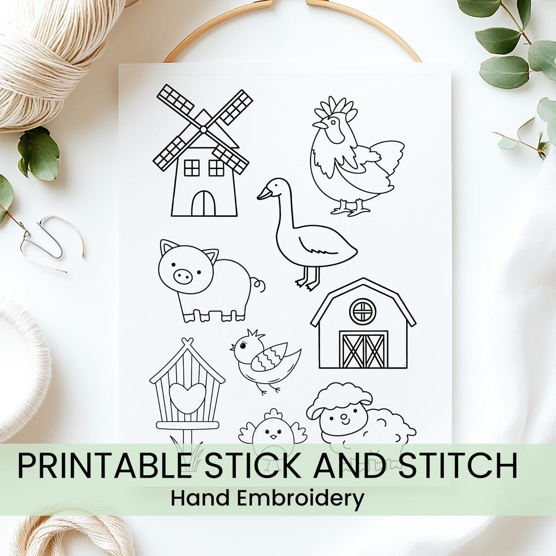 Farm Animal Embroidery Designs: Stick and Stitch Template (PDF Pattern ...