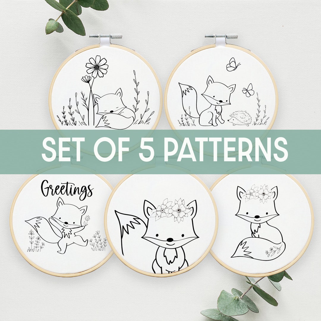 Set of 5 Digital PDF Patterns, Cute Fox Hand Embroidery Pattern, PDF ...