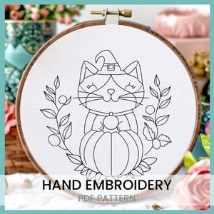 Autumn Cat & Pumpkin Embroidery Pattern: Fall Leaves Design (PDF ...