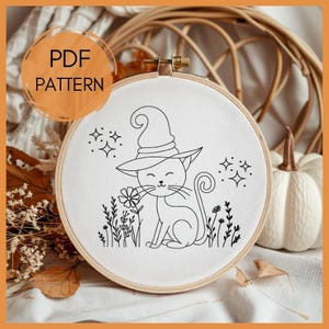 Halloween Hand Embroidery Pattern Pdf, Fall Autumn Embroidery, Cat ...
