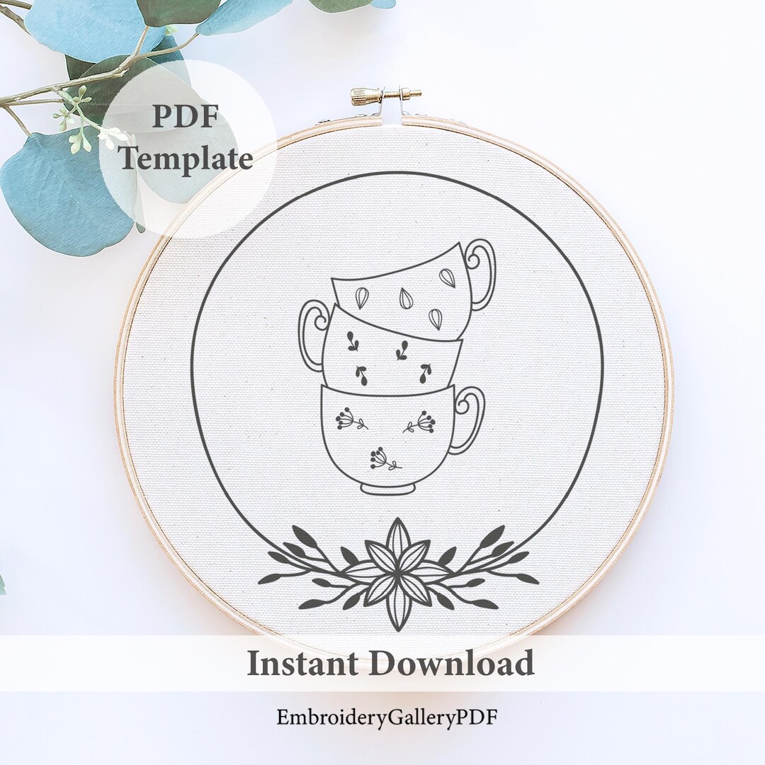 Teacup Hand Embroidery Pattern, Tea Cup Pattern, Floral Embroidery ...