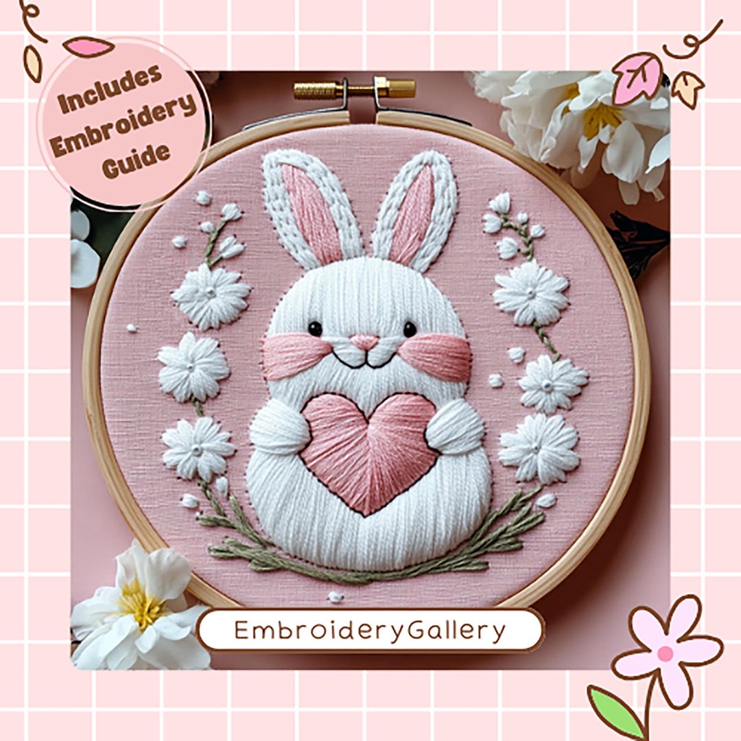 Rabbit Embroidery Pattern, Cute Bunny Embroidery Design, Love ...