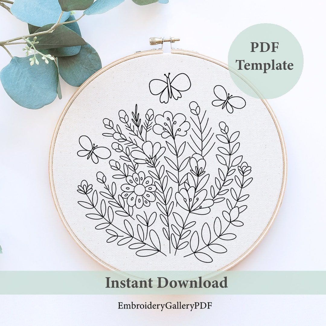 Floral Meadow Embroidery Pattern: Botanical Butterfly Design (digital ...