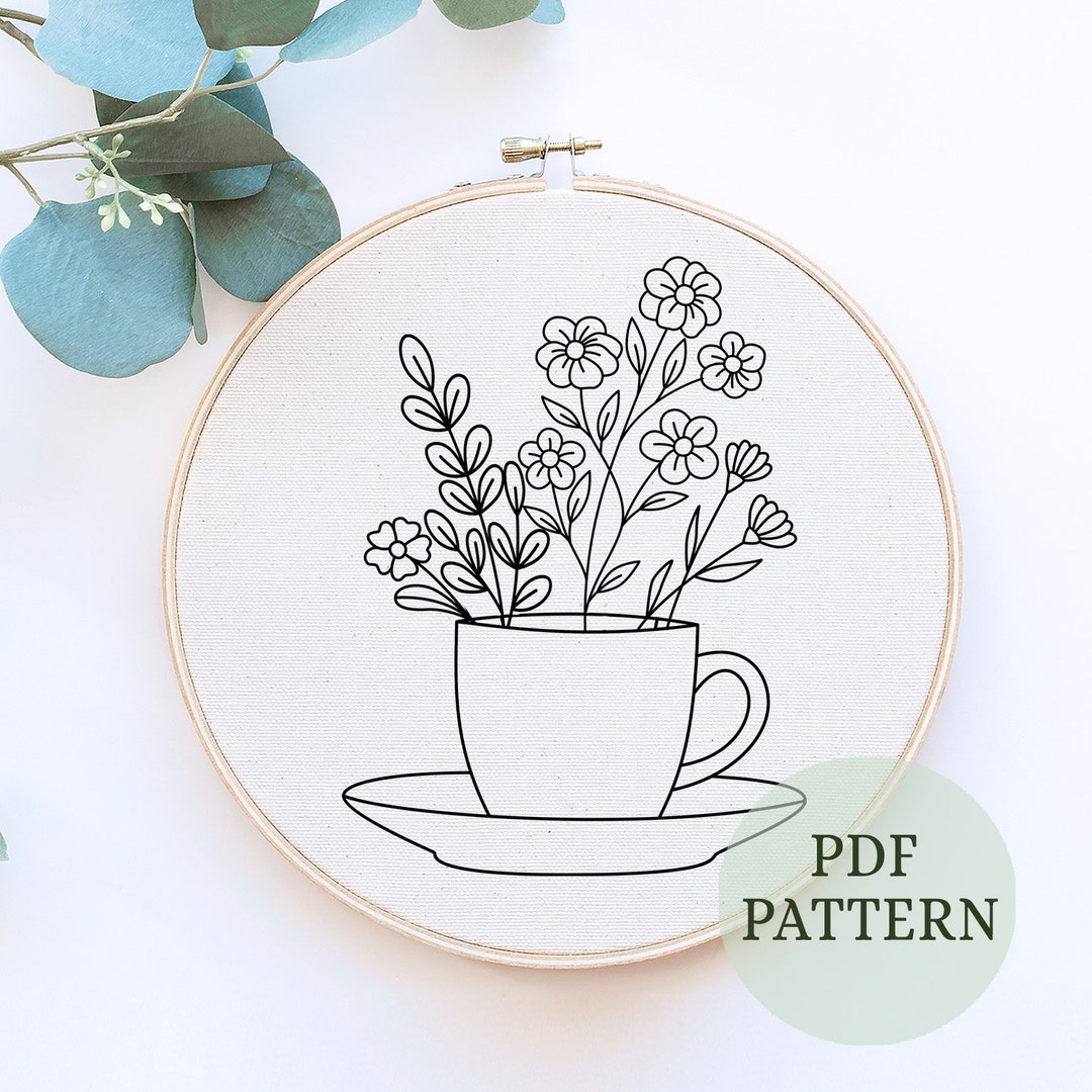 Flower Tea Cup Embroidery Pattern: Floral Spring Craft (PDF Instant ...