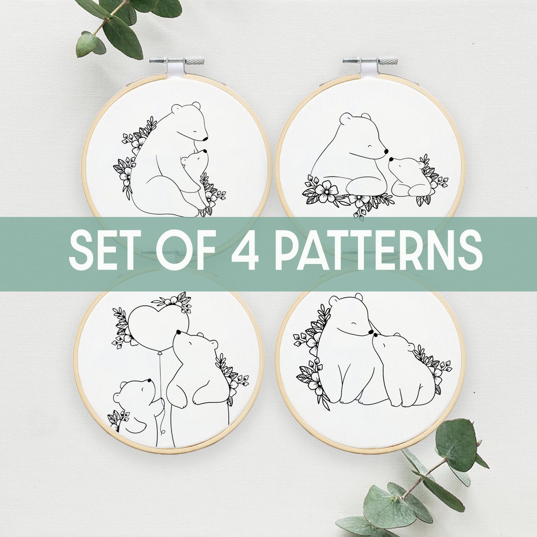 Hand Embroidery Line Art, Floral Bear Embroidery Hoop, Mothers Day Hand ...