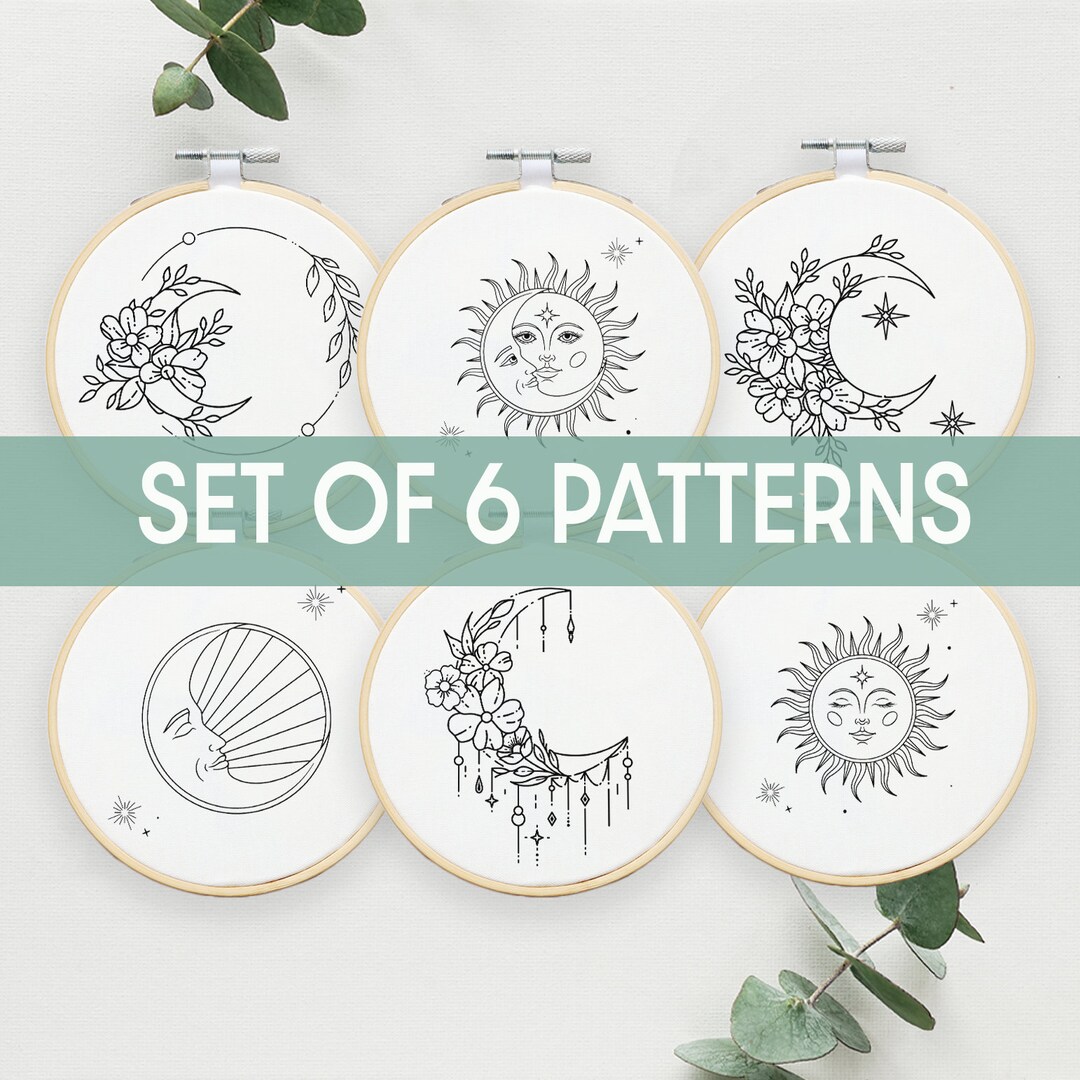 Set of 6 Digital PDF Patterns, Crescent Moon With Flower Hand ...