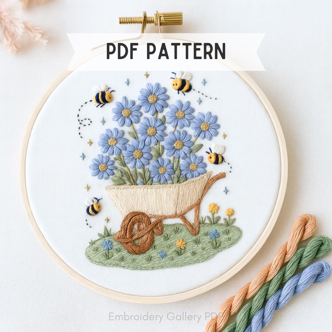 Rustic Wheelbarrow Bee Embroidery Pattern, Wildflower Garden (PDF ...