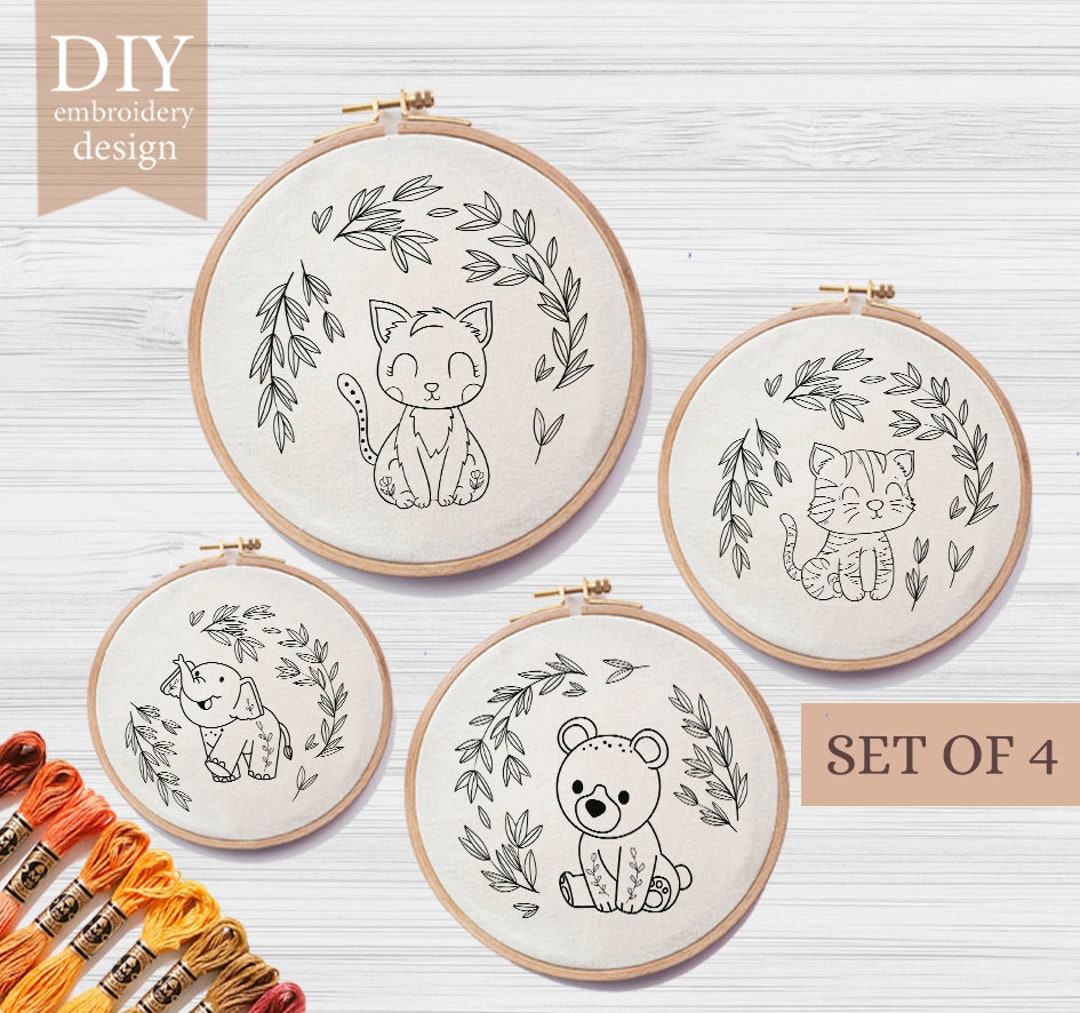 Set of 4 PDF Animal Pattern Digital Hand Embroidery - Etsy