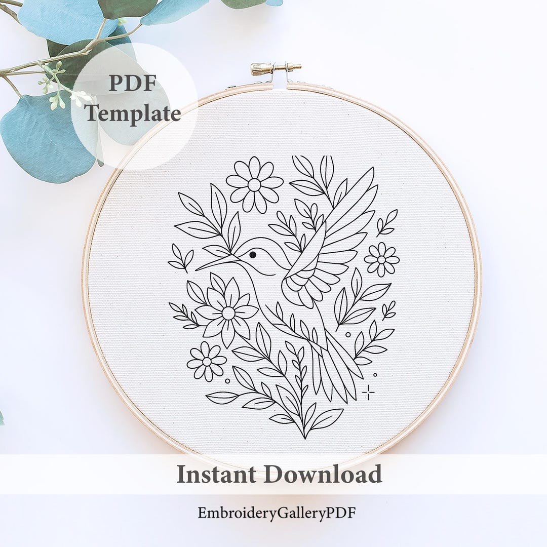 Hummingbird Embroidery Pattern: Floral Bird Outline, 6 Sizes (PDF ...