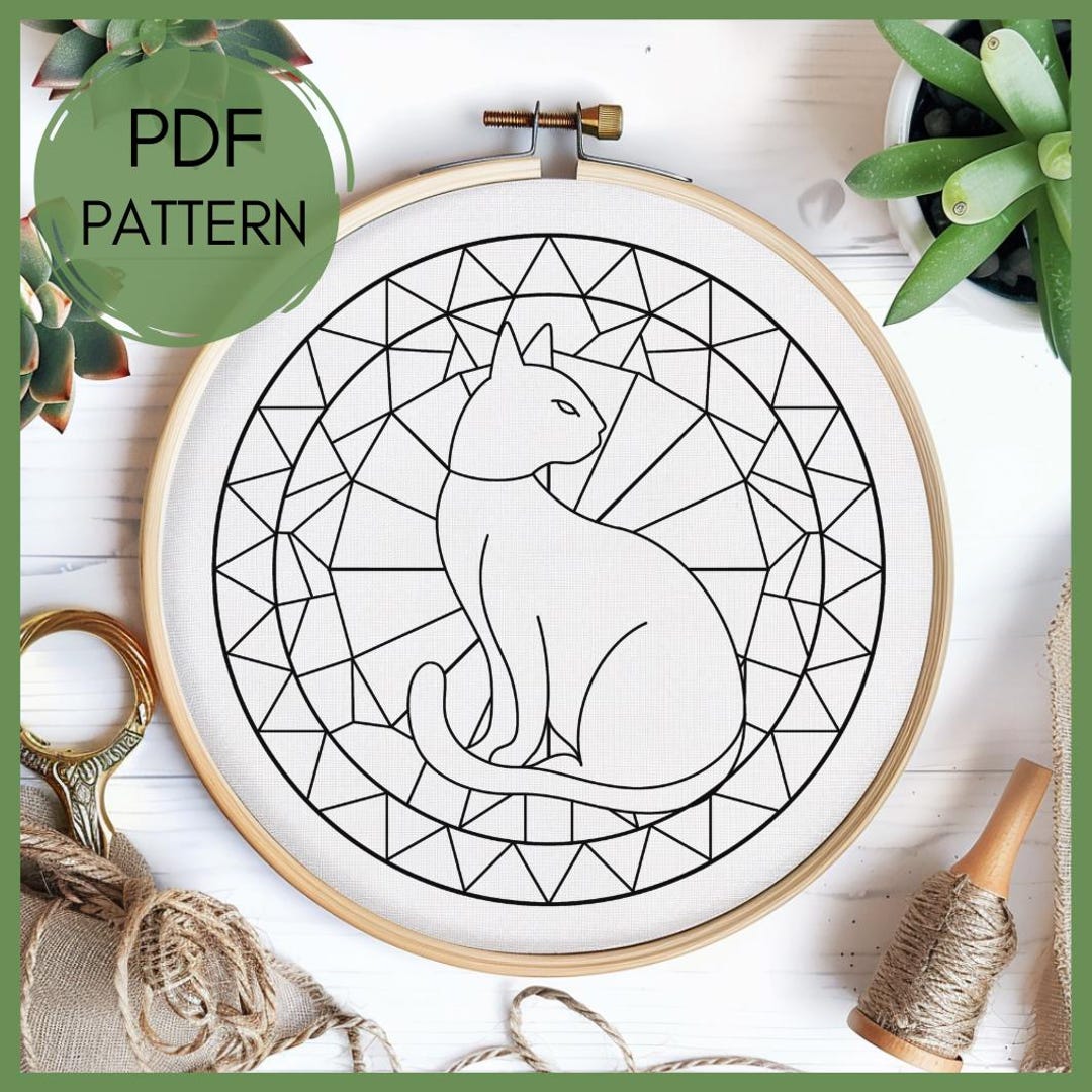 Cat Hand Embroidery Pattern, Stained Glass Style, Feline Embroidery ...