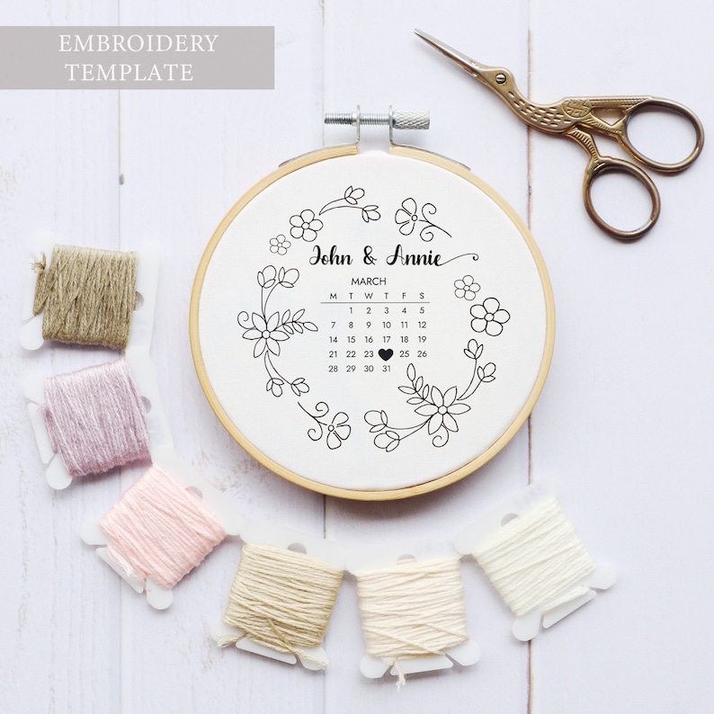 Boho Wreath Wedding Calendar Embroidery Pattern, Custom Template (PDF ...