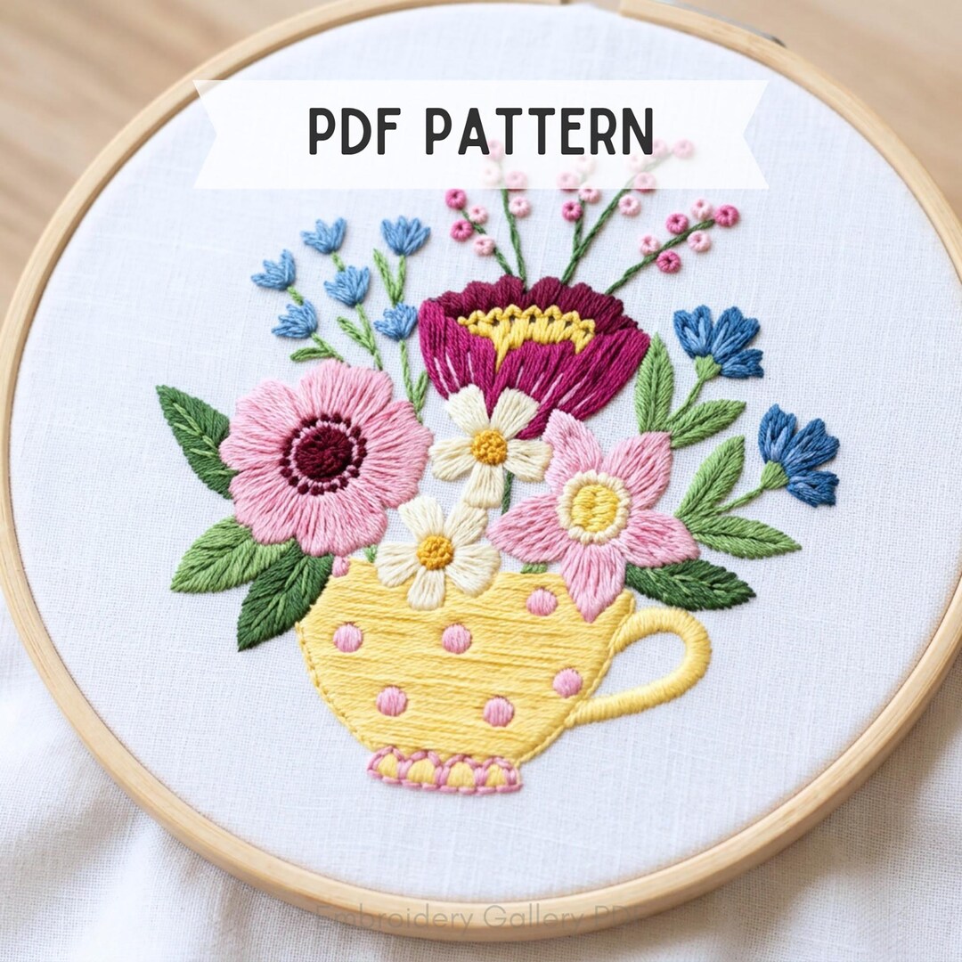 Floral Teacup Embroidery Pattern Modern Tea Time Hoop Art PDF Beginners ...