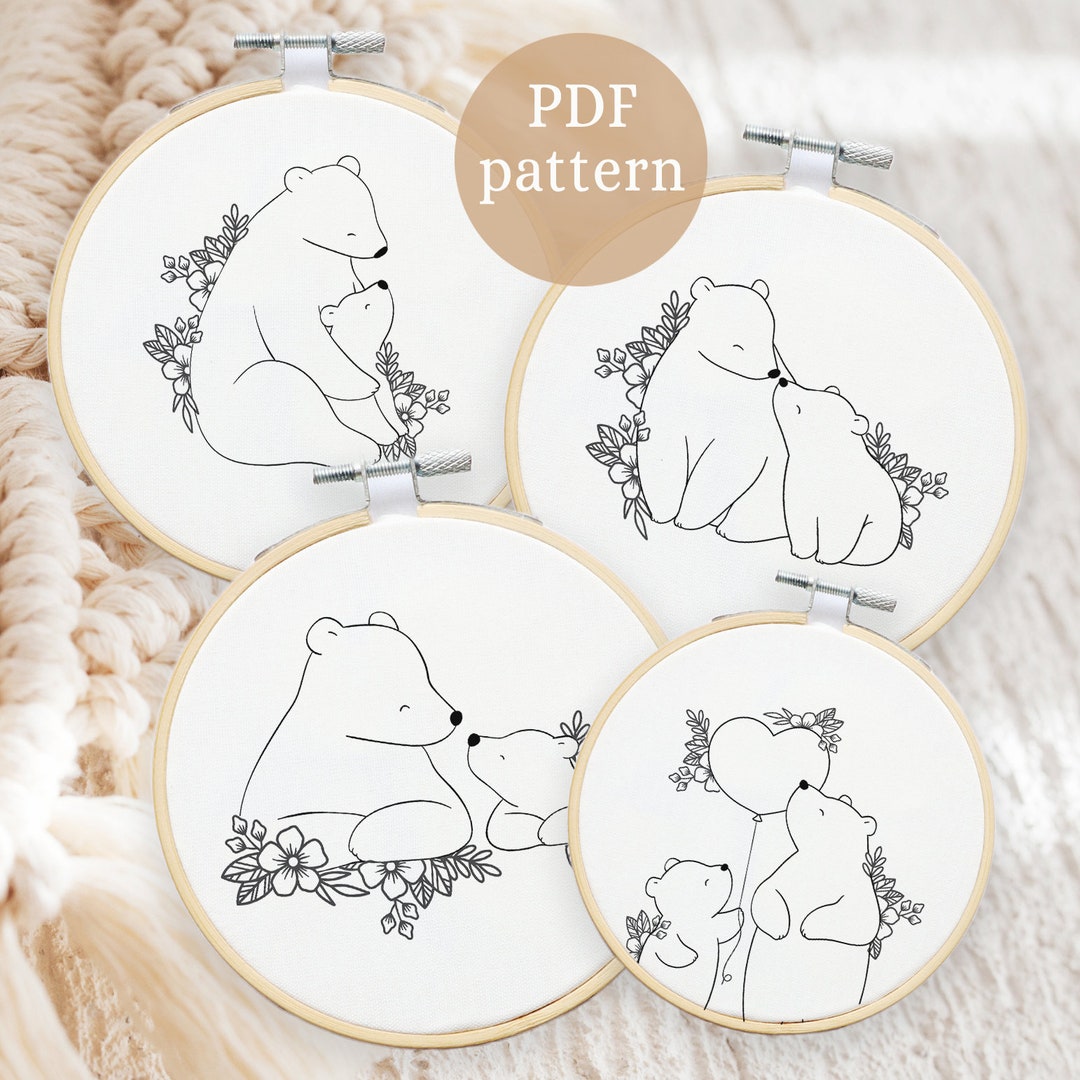 Hand Embroidery Line Art Floral Bear Embroidery Hoop Mothers - Etsy