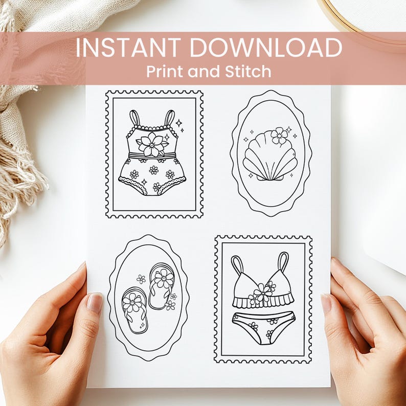 Seashells & Swimsuits Embroidery Pattern: Summer Stamps DIY (PDF ...