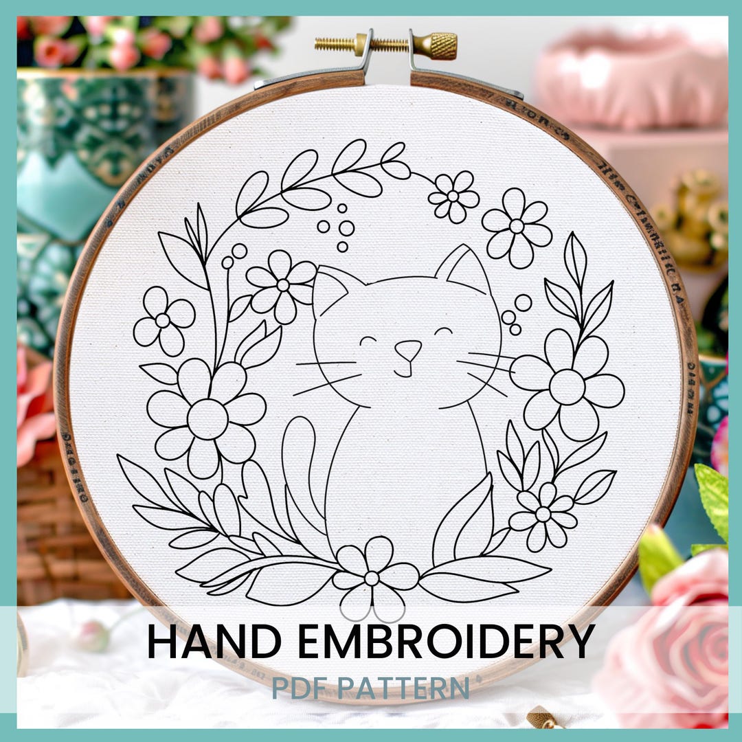 Cute Cat Embroidery Pattern, Floral Wreath (digital Download) - Etsy