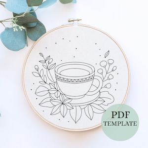 Teacup Hand Embroidery Pattern, Tea Cup Embroidery Pattern, Floral ...