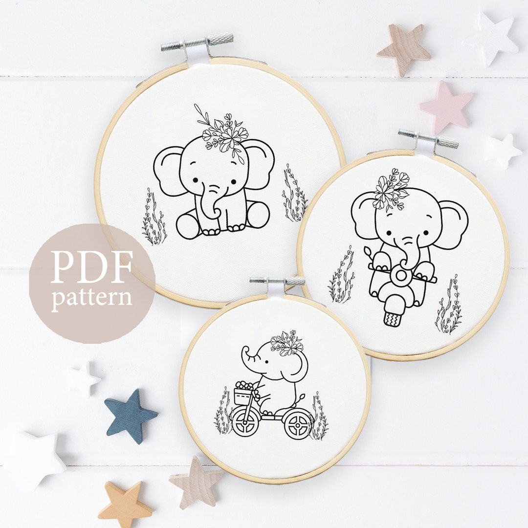 Set of 3 Elephant Embroidery Pattern Beginner Embroidery - Etsy