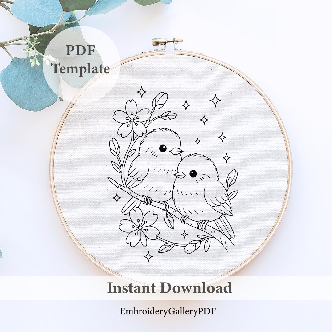 Love Birds Embroidery Pattern PDF, Cute Floral Hoop Art With Stars ...