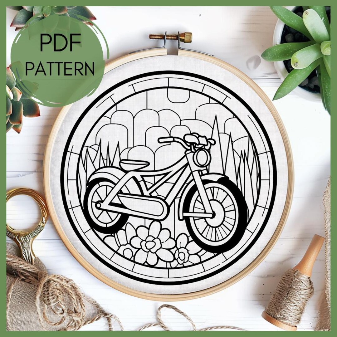 Motorcycle Stained Glass Hand Embroidery, Biker Art Design, Instant ...