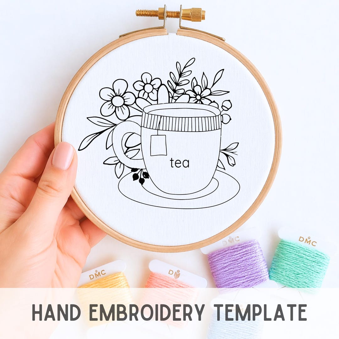 Tea Cup Embroidery Pattern: Neutral Floral Design (PDF Download, 6 ...