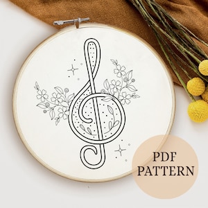 Treble Clef Embroidery, Hand Embroidery Pattern, Music Design ...