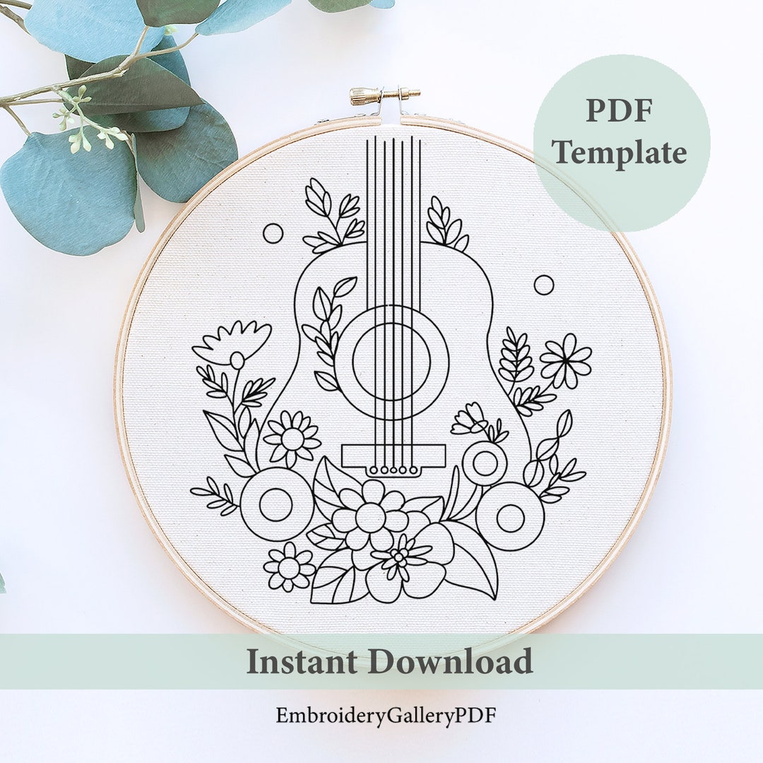 Guitar Embroidery, Hand Embroidery Pattern, Music Design, Flower ...