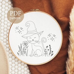 Halloween Hand Embroidery Pattern Pdf, Fall Autumn Embroidery, Cat ...