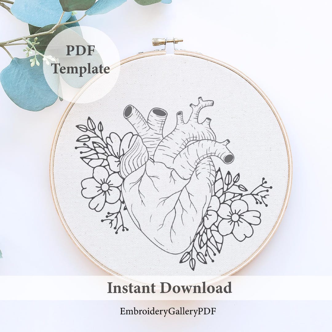 Anatomical Heart Floral Embroidery Pattern: 6 Sizes (digital Download ...