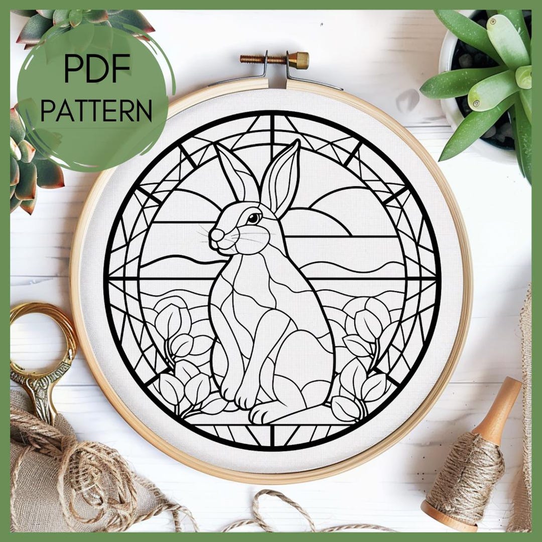 Rabbit Hand Embroidery Pattern, Stained Glass Style, Bunny Design ...