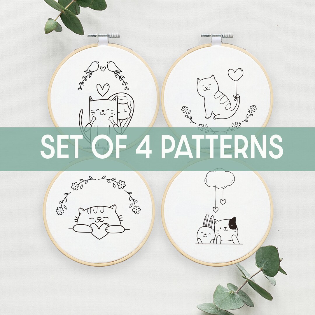 Set of 4 Pdf Pattern, Floral Cats Embroidery Pattern, INSTANT DOWNLOAD ...