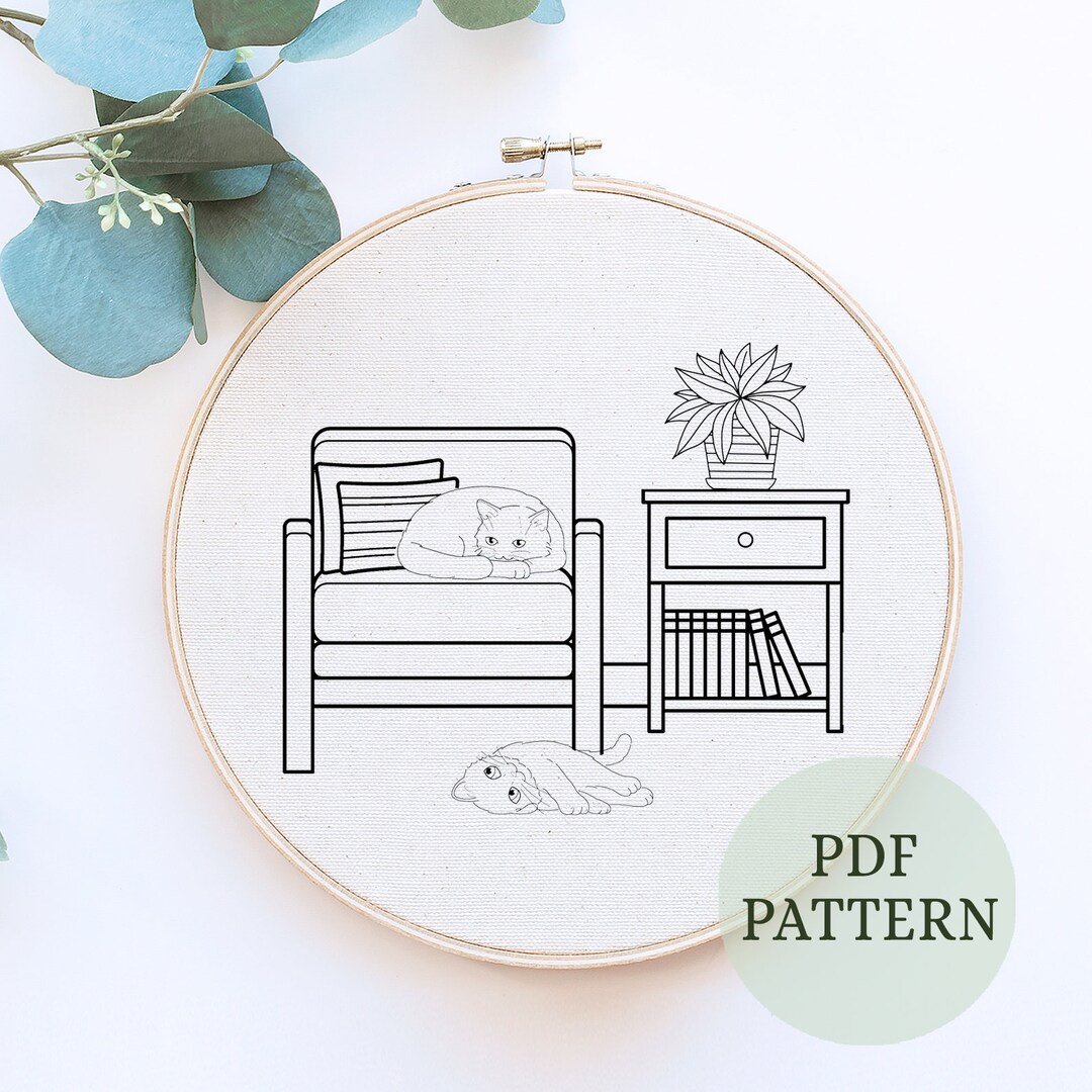 Cozy Home Hand Embroidery Pattern, Stack of Books Hoop Art Design, Cat ...