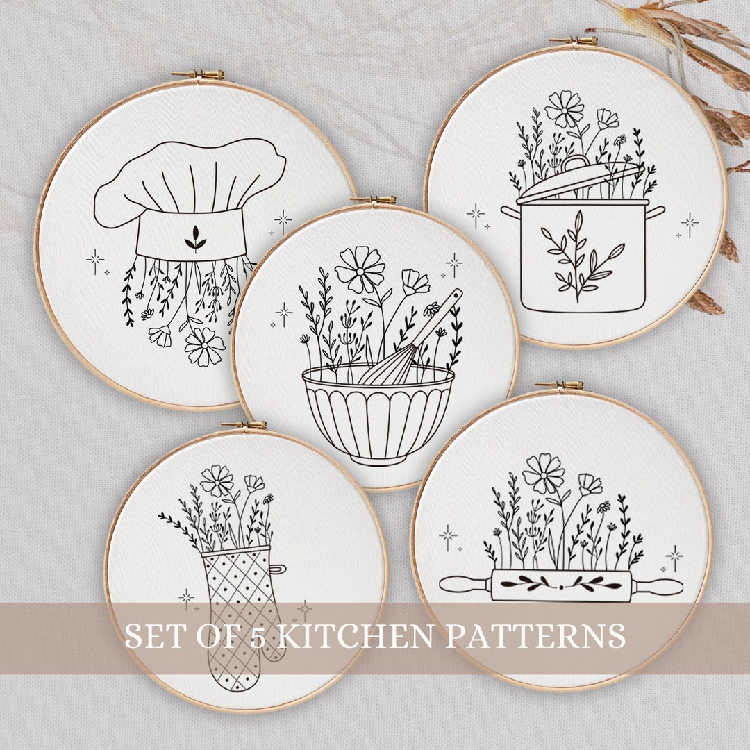 Set of Kitchen Delight, Floral Embroidery, PDF Pattern 6 Sizes ...