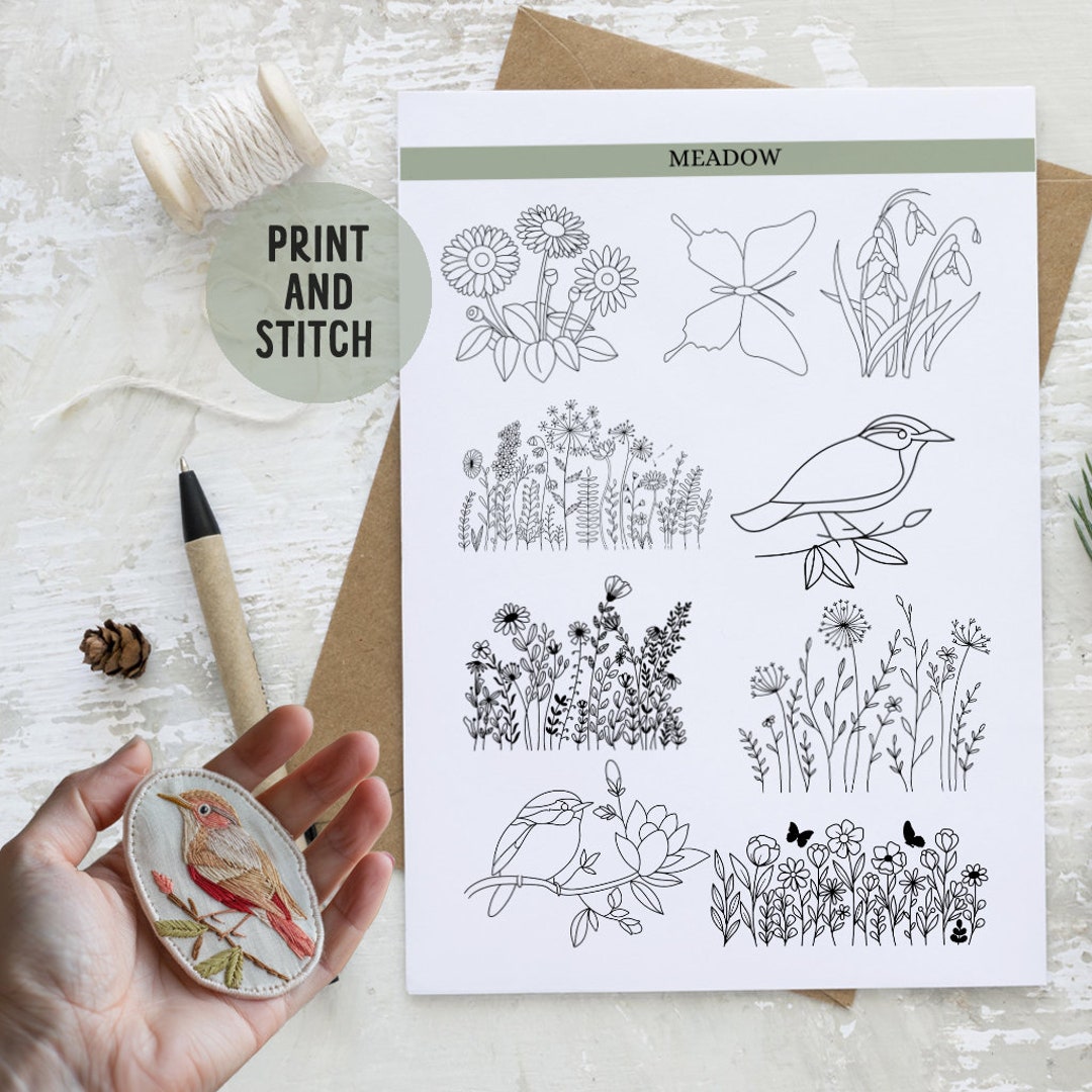 Printable Meadow Embroidery Template Sheet, Flower Hand Embroidery, DIY ...
