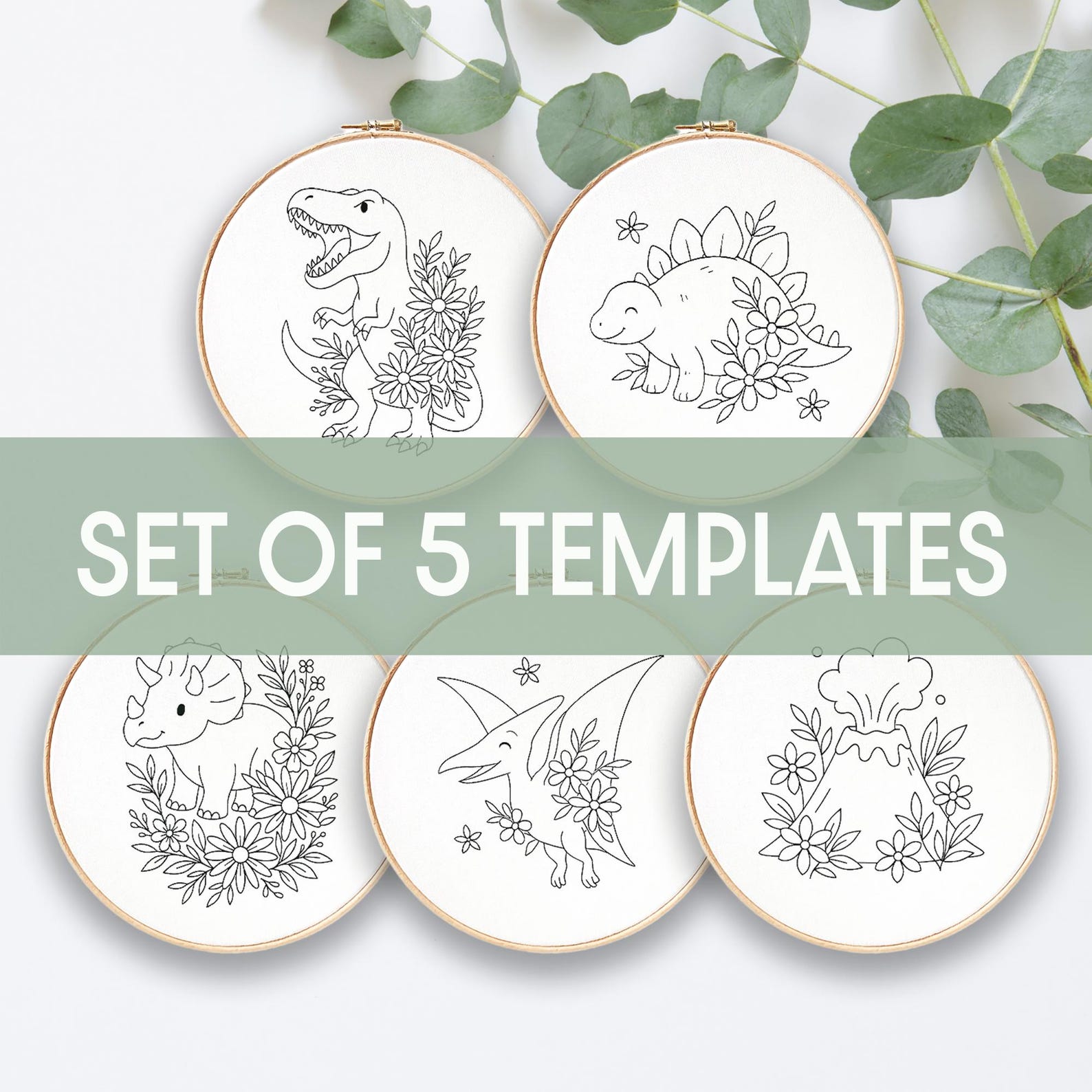 Dinosaur Embroidery Pattern: Set of 5 Dino Designs (PDF Downloadable ...