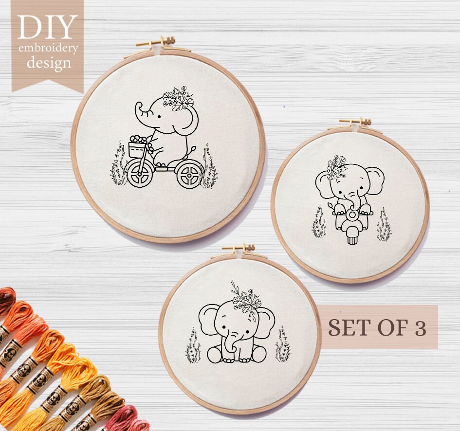 Set of 3 Elephant Embroidery Pattern Beginner Embroidery - Etsy