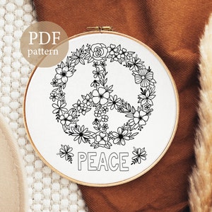 Floral Peace Sign Hand Embroidery Pattern: Modern DIY Design, Creative ...