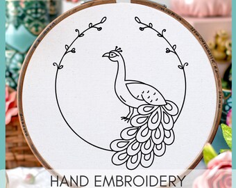 New Hand Embroidery PDF Pattern Floral Peacock Design Digital Download Simple and Easy Whimsical Animal Embroidery for Nursery Home Decor