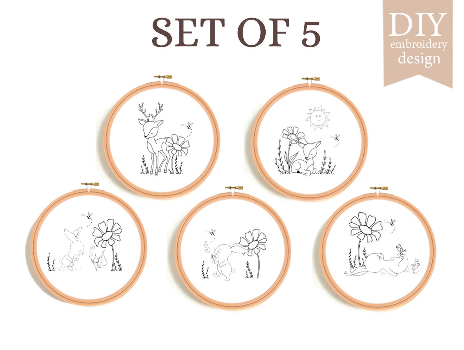 Set of 5 Animals Embroidery Pattern Beginner Embroidery - Etsy