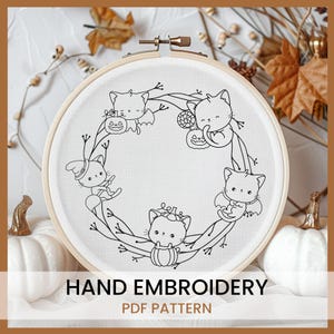 Little Cats Embroidery Pattern, Embroidery Pattern, Autumn Embroidery ...