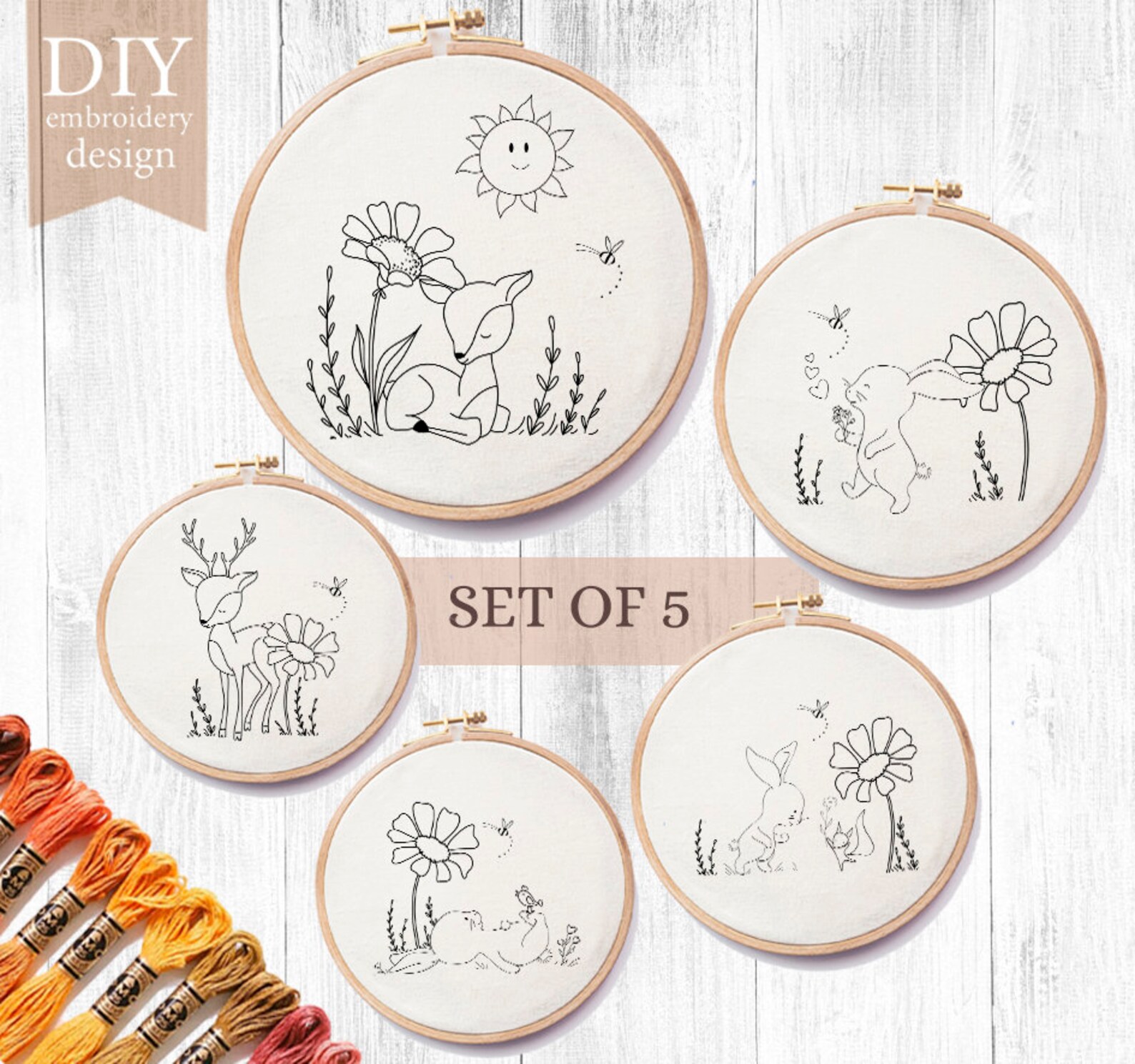 Set of 5 Animals Embroidery Pattern Beginner Embroidery - Etsy