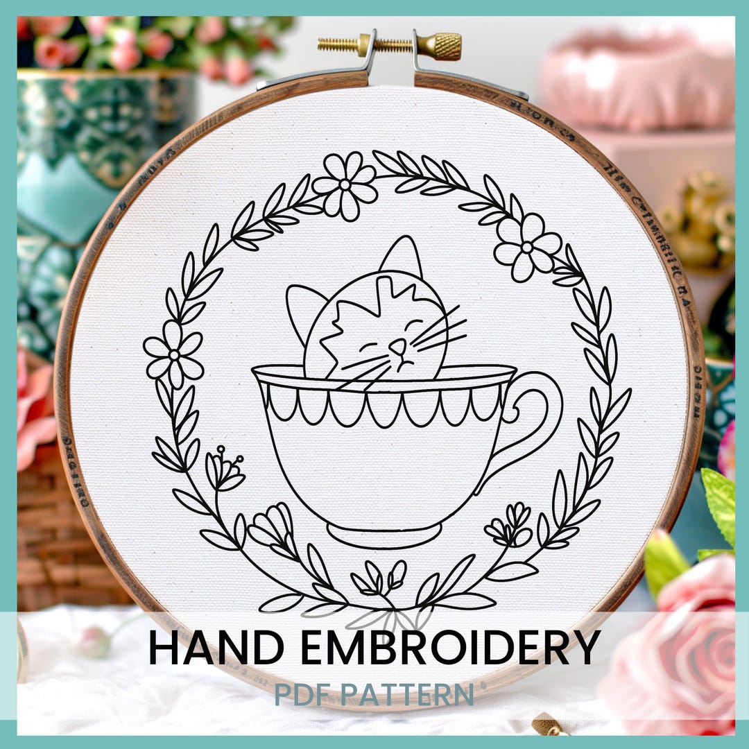 Cat in Teacup Embroidery Pattern: Floral DIY (PDF Pattern) - Etsy