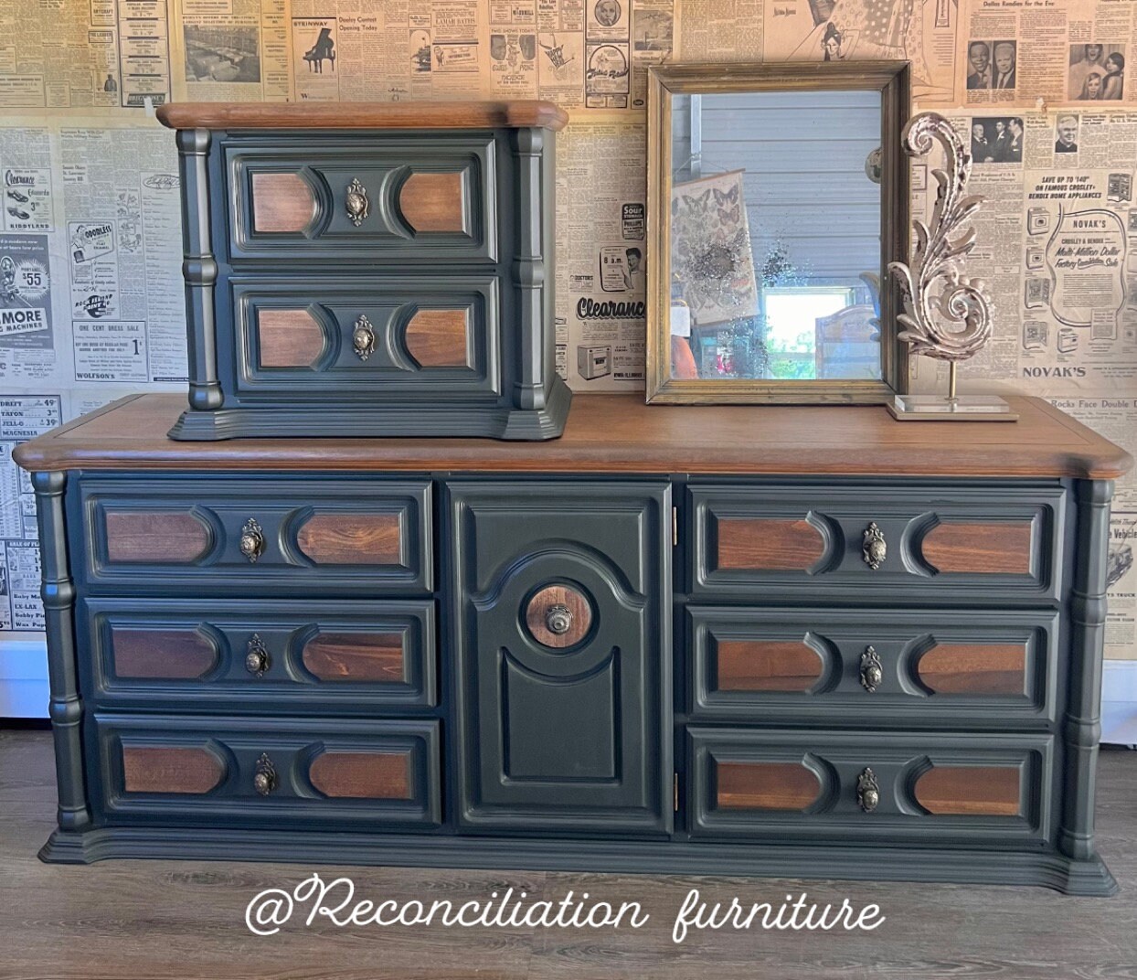 Vintage Green and Stained Dresser & Side Table - Etsy