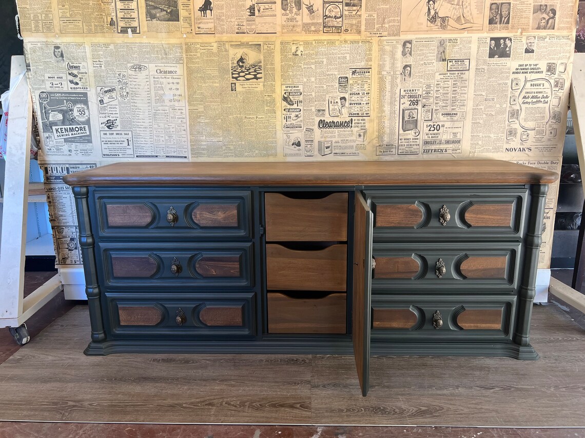 Vintage Green and Stained Dresser & Side Table - Etsy