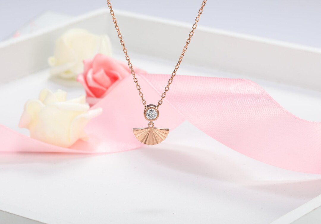 Rose Gold Solid Silver Fan-shaped Elegant Cubic CZ Necklace 18 Inch ...