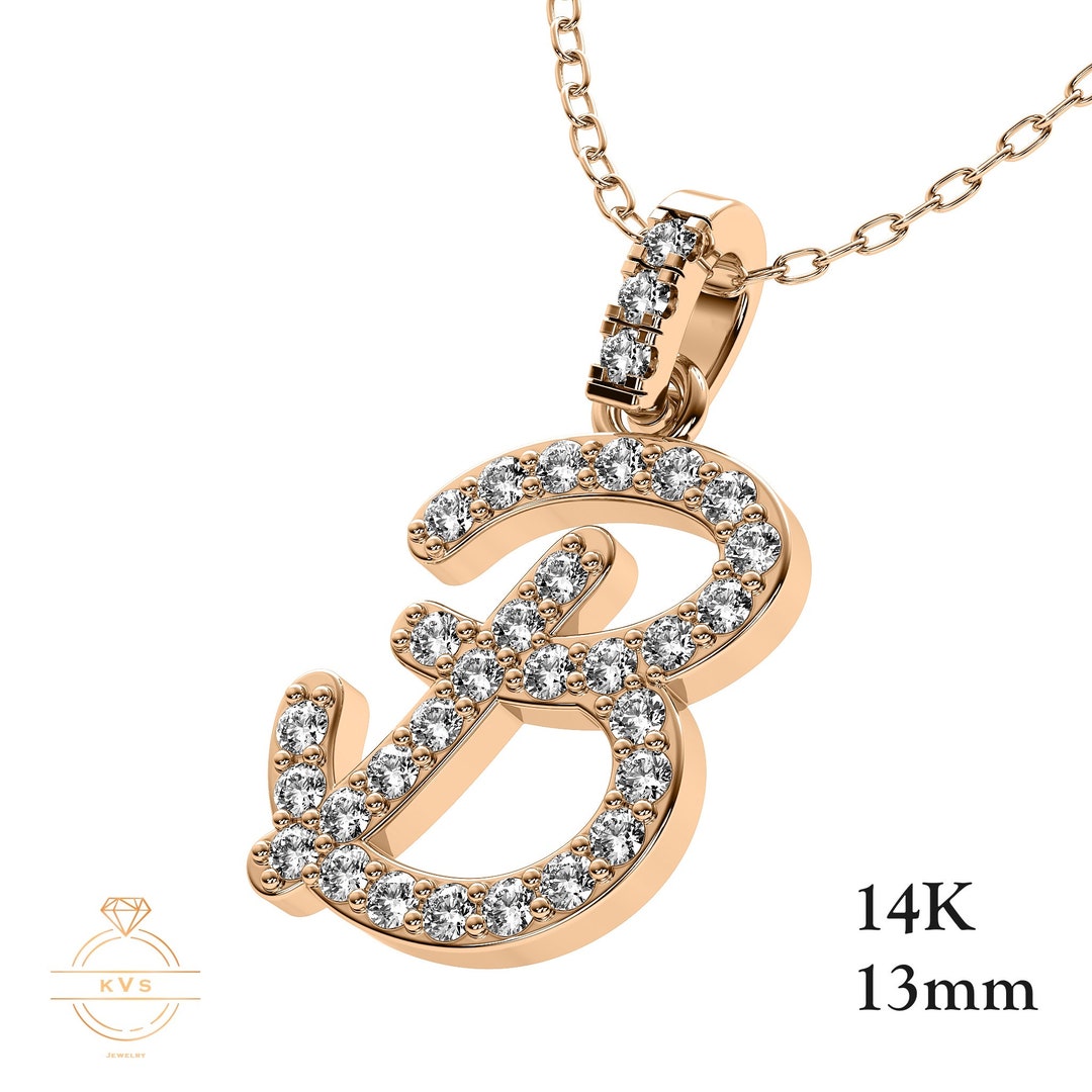 14K Solid Gold 0.32 Ct Diamond B Initial Necklace, Side Custom Initial ...