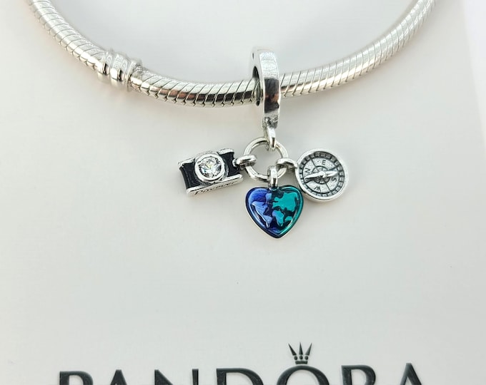 New Pandora Camera, Heart & Compass Triple Dangle Charm 792703C01 W/box ...