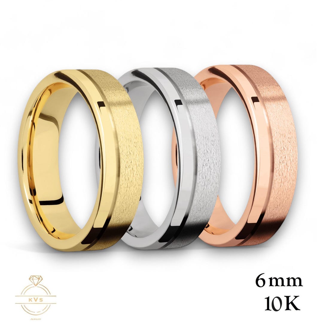 6mm 10K Solid Gold Band - FLAT Center Grooved - MATTE Brushed Yellow ...